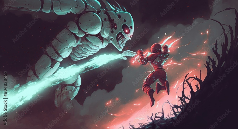 the red astronaut with light sword jumping into battle with the alien ...