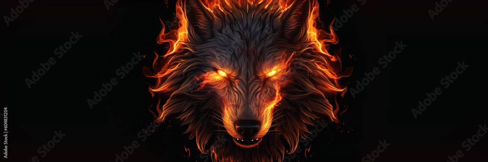 wolf head in flames isolated on black background, banner, header ...