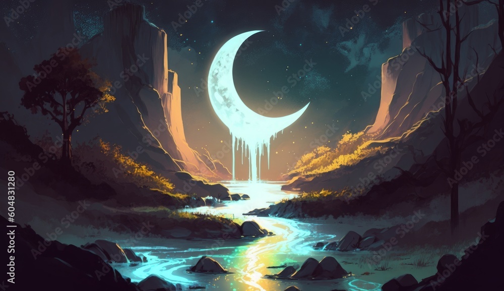 night scenery showing melting moon creates a glowing river, digital art ...