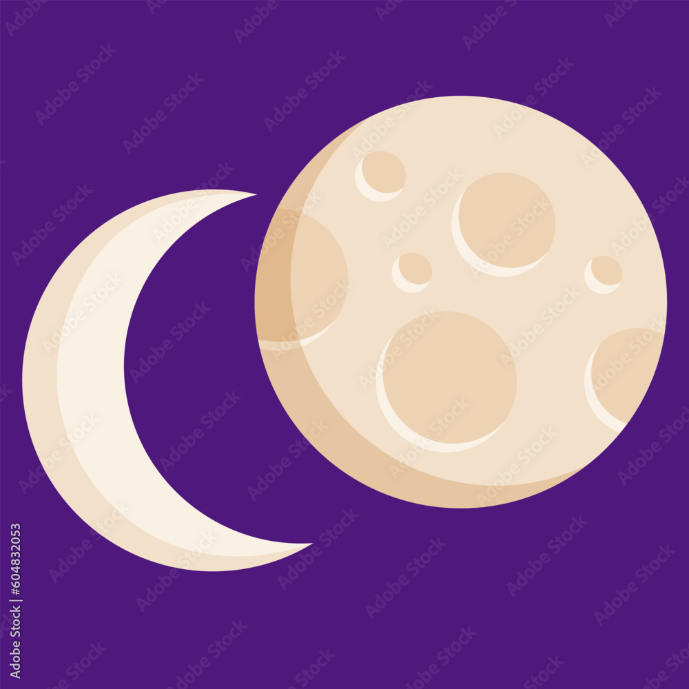 Vector illustration of crescent and full moon with lunar craters. Space ...