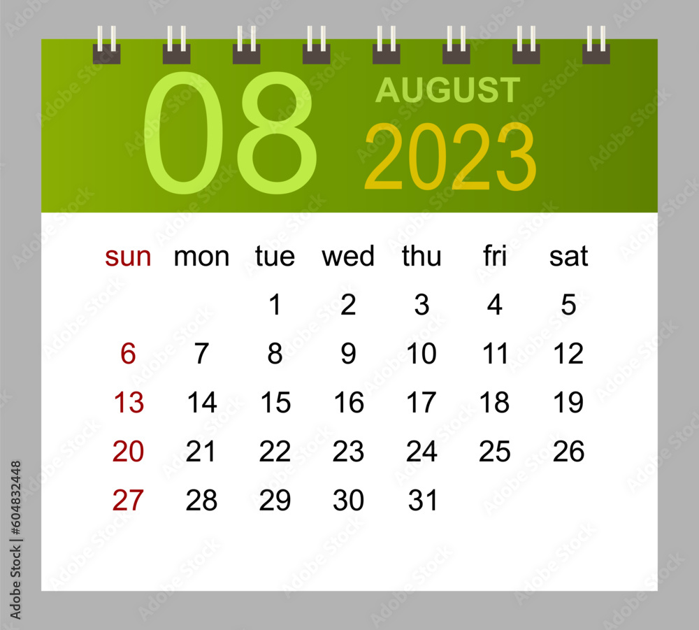 August 2023. Vector monthly calendar template 2023 year in simple style ...
