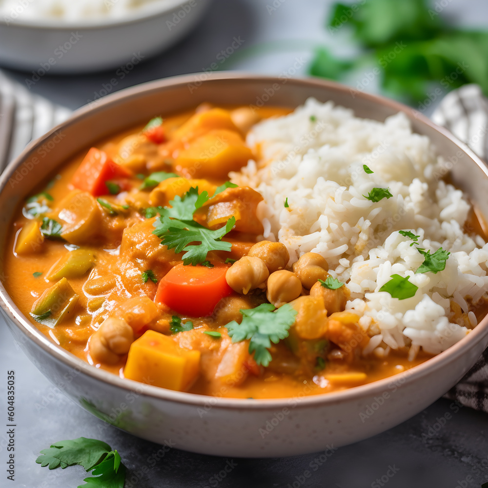 aesthetic photo of typical Indian curry rice dish with traditional ...