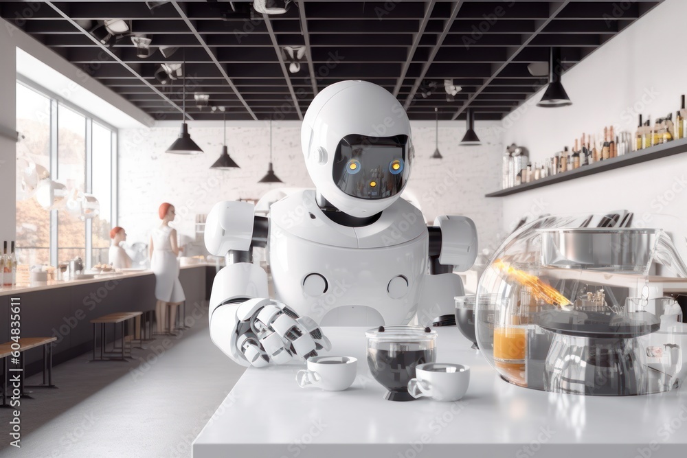 robotic barista making coffee in a futuristic cafe, ai tools generated ...