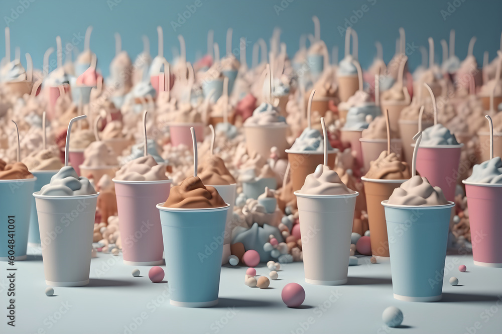 Milkshake 3D cartoon style, sparkling shapes, fun colors, blue ...