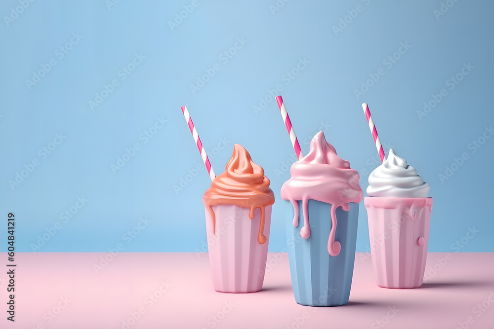 Milkshake 3D cartoon style, sparkling shapes, fun colors, blue ...