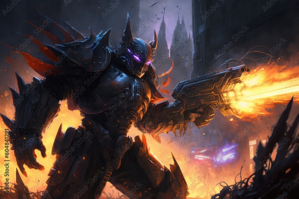 heroic alien blaster, with the city in flames, fighting off invading ...