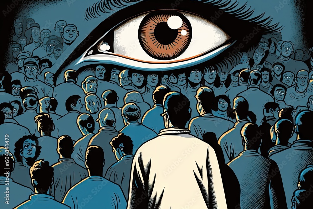 person, hiding in crowd, with all-seeing eye observing their every move ...