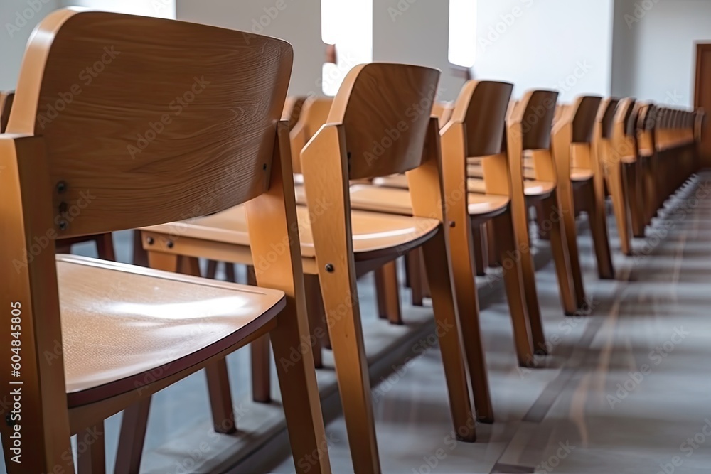 a row of empty wooden lecture chairs, with modern and minimalist design ...