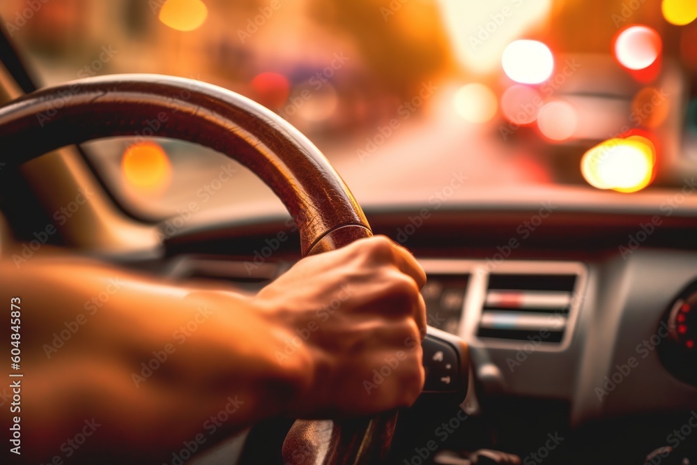 A close-up image of a driver's hand firmly gripping the steering wheel ...