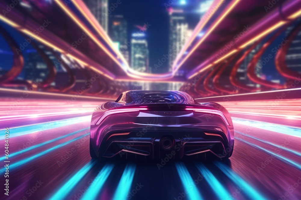 High speed Car on a racetrack, with a trail of neon lights following ...