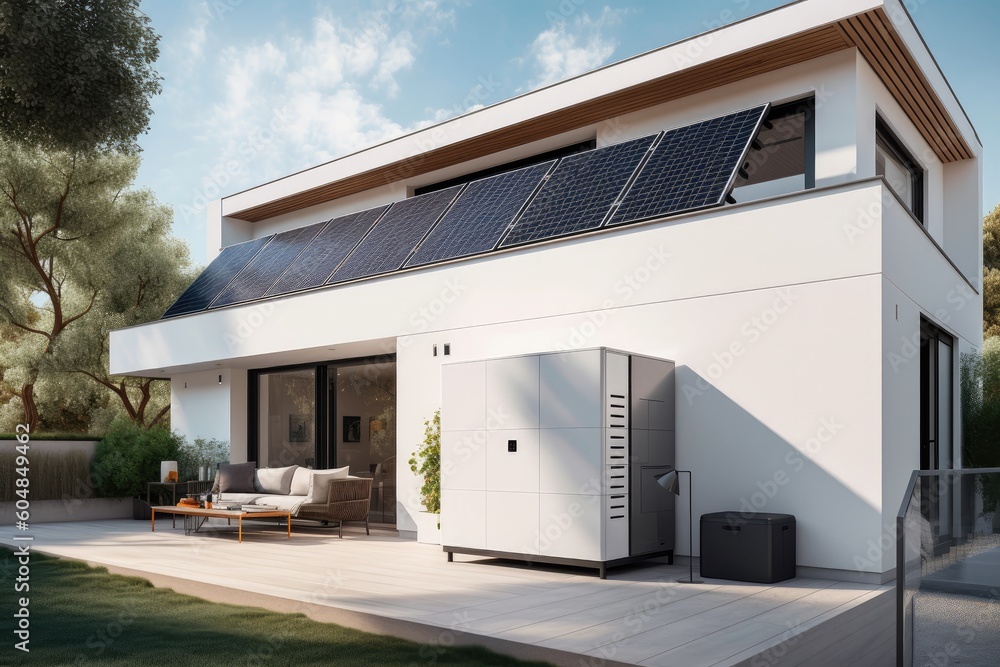 solar panel system with built-in battery storage and inverter in a ...