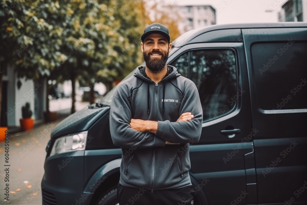 Delivery man standing in front of his van. Delivery man smiling and ...