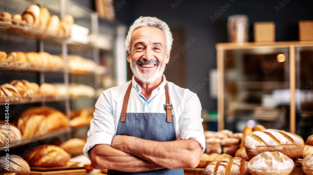 Meet the happy baker, standing proudly in his bakery. Arms crossed, a ...