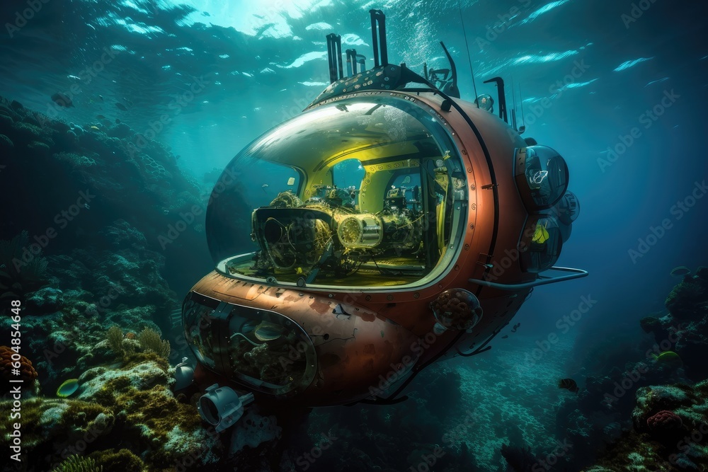 submersible with view of the vibrant ocean floor, teeming with life ...