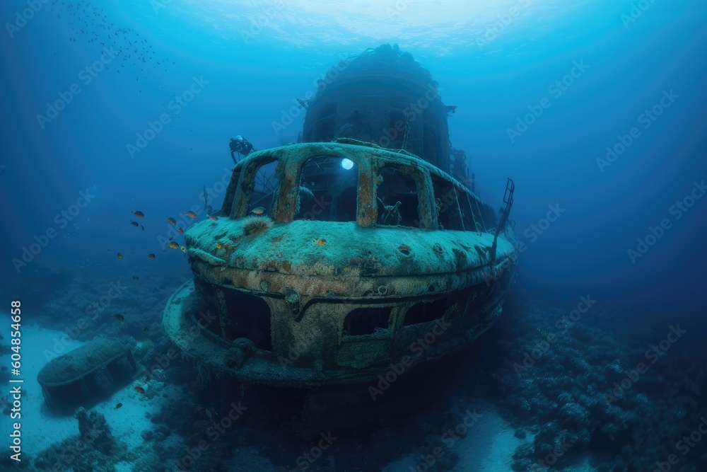 submersible diving into deep abyss, with schools of fish and ancient ...