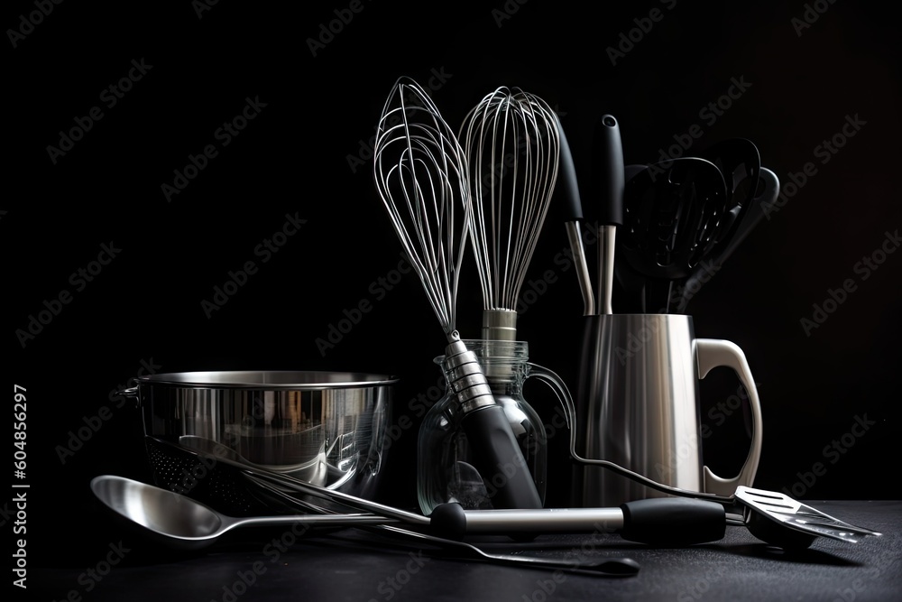 baking tools and equipment on a black background for an elegant and ...
