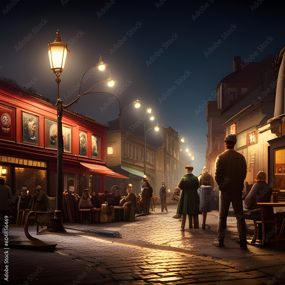 Cozy magical street café at night. Warm glow over patrons relaxing at ...