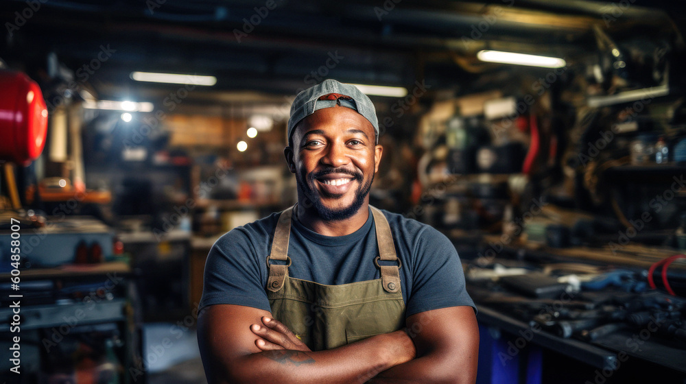 Handcraft, In his tool-filled garage, a joyous mechanic stands tall ...