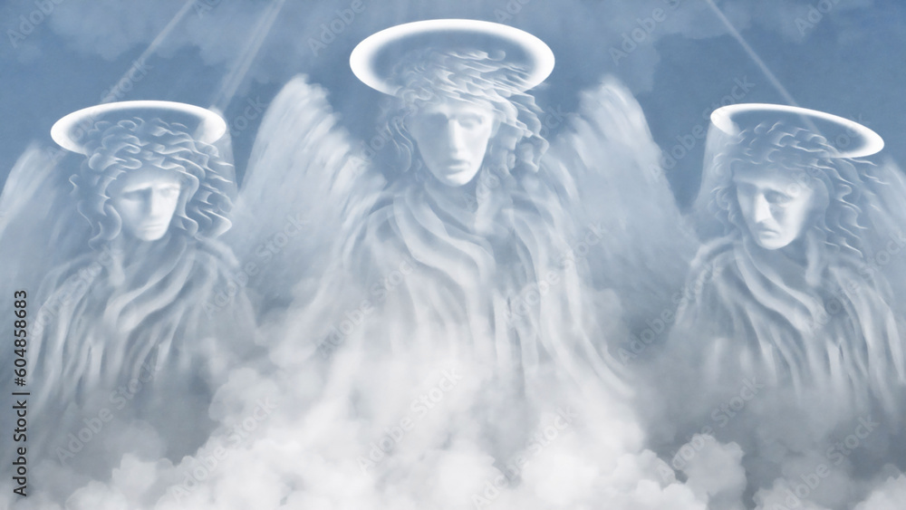 Three angels in heaven, blue sky with clouds. Digital painting ...