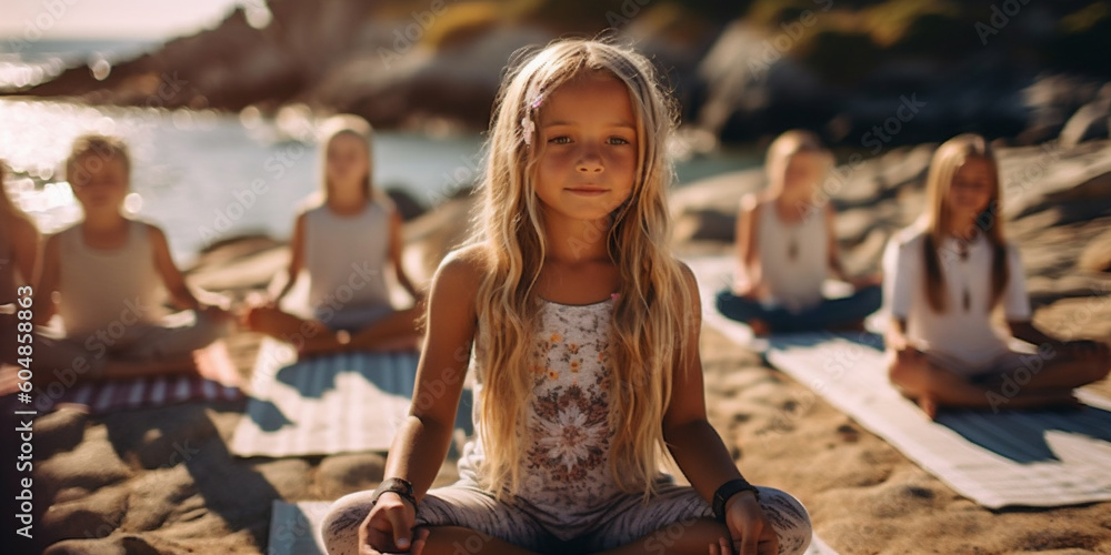 Group of children doing meditation yoga asana on the beach. Kids ...