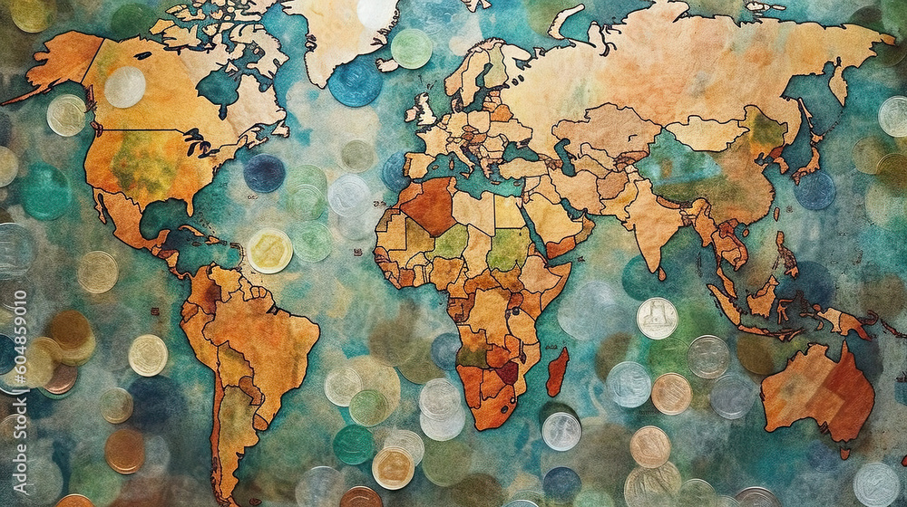 World map coins money background. Generative AI. Stock Illustration ...