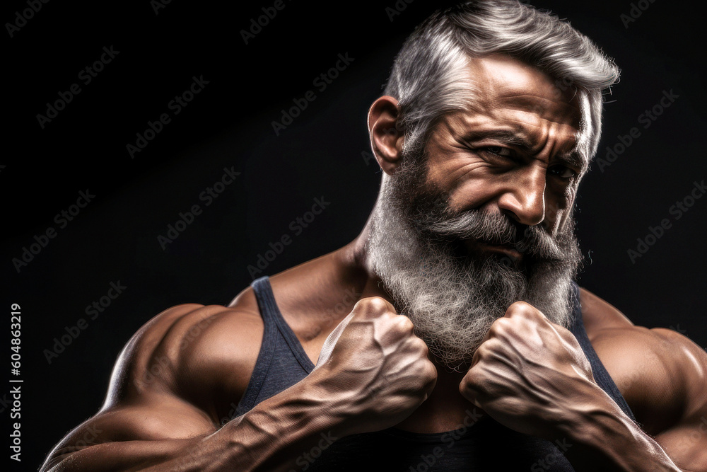 In a studio, a brutal muscular bearded man stands tall. His imposing ...