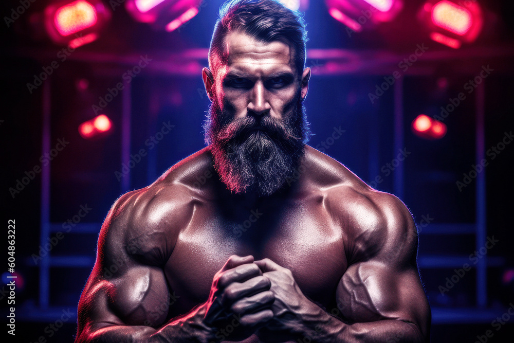 In a studio, a brutal muscular bearded man stands tall. His imposing ...