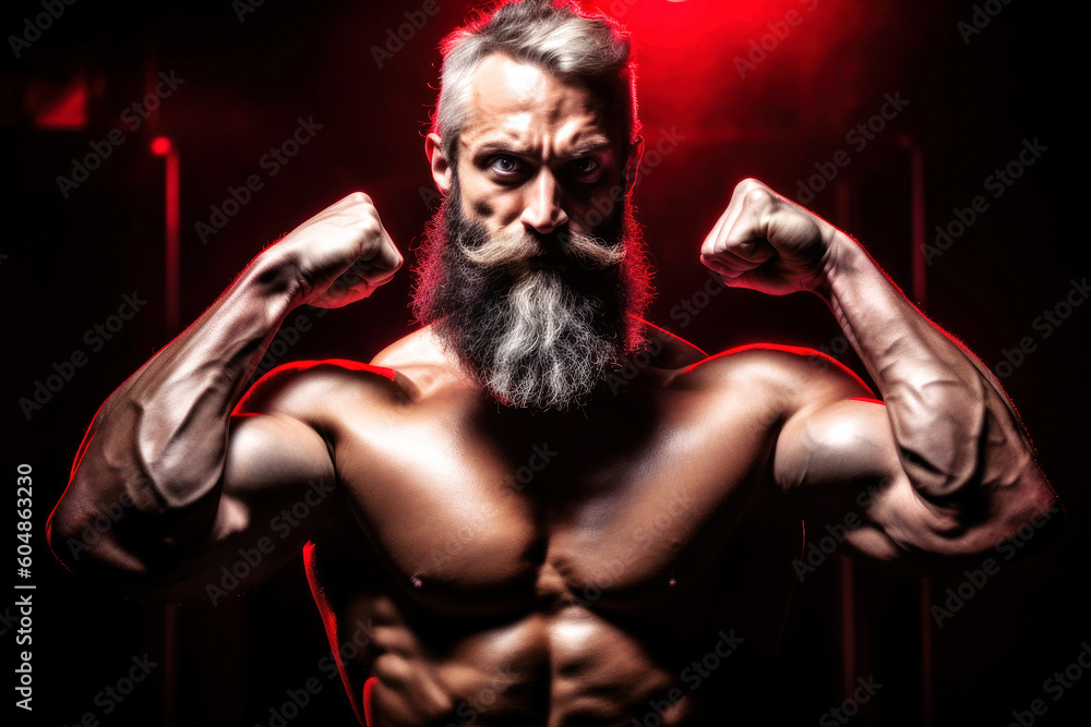 In a studio, a brutal muscular bearded man stands tall. His imposing ...
