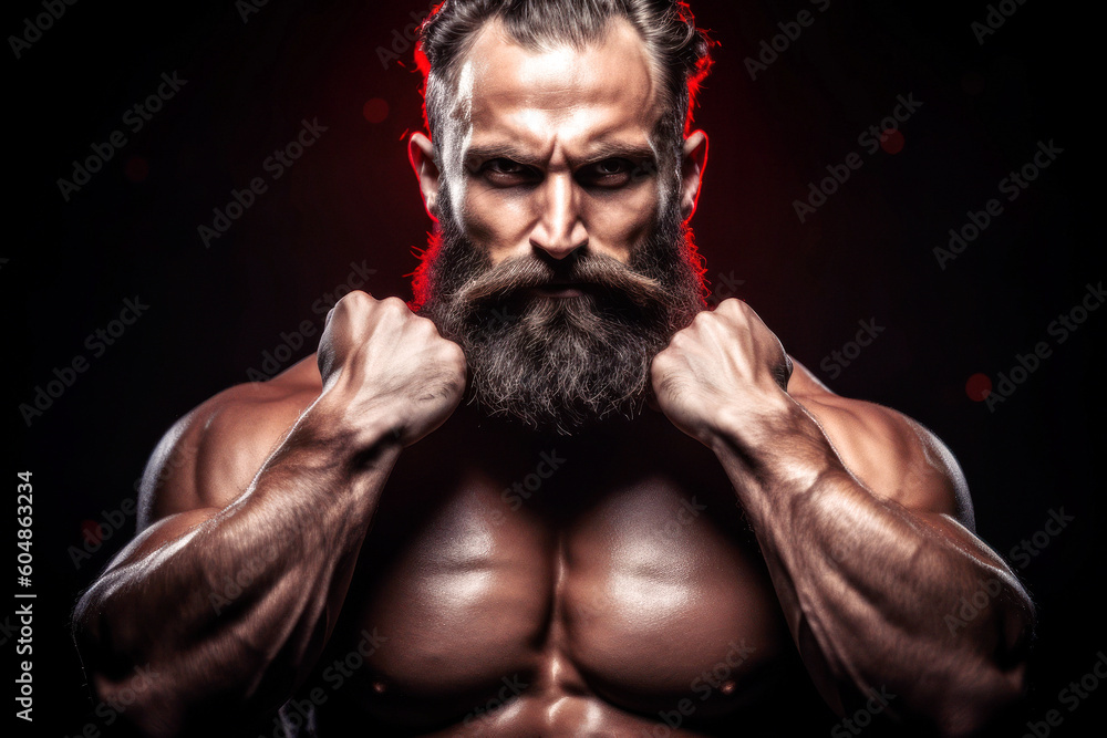 In a studio, a brutal muscular bearded man stands tall. His imposing ...