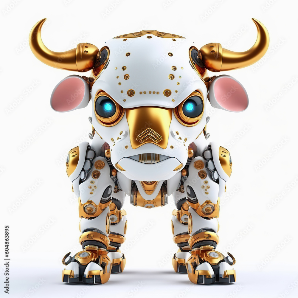 Bull robot, funny robotic animal isolated over white background ...