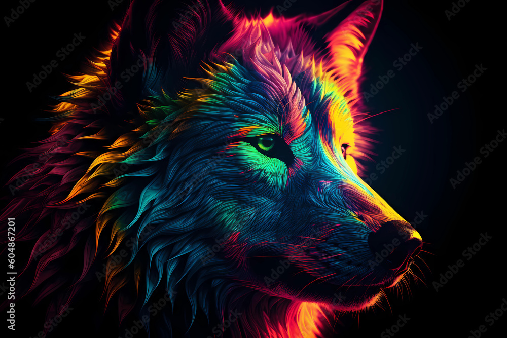 Neon Wolf: Digital Abstract Masterpiece in Vivid Colors Stock ...