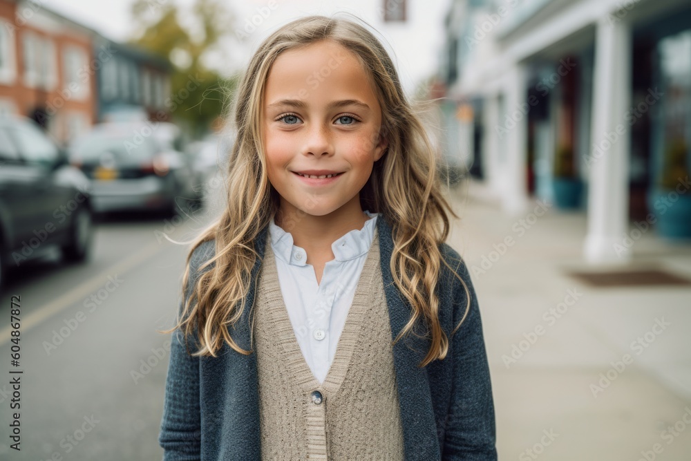 Medium shot portrait photography of a glad kid female wearing a chic ...