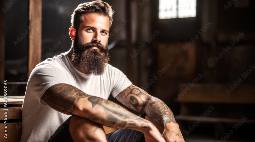 A rugged, bearded man exudes strength, his tattooed arm a testament to ...