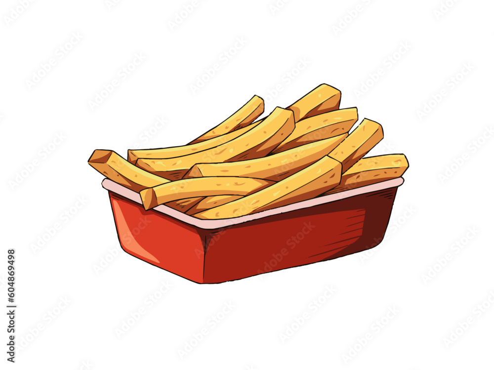 a red tray filled with french fries, in the style of colored cartoon ...