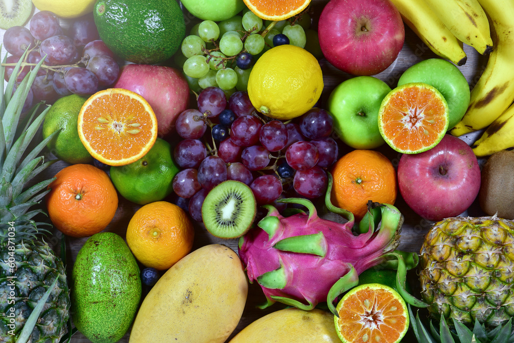 assorted fruits, top view healthy food concept Including high vitamin ...