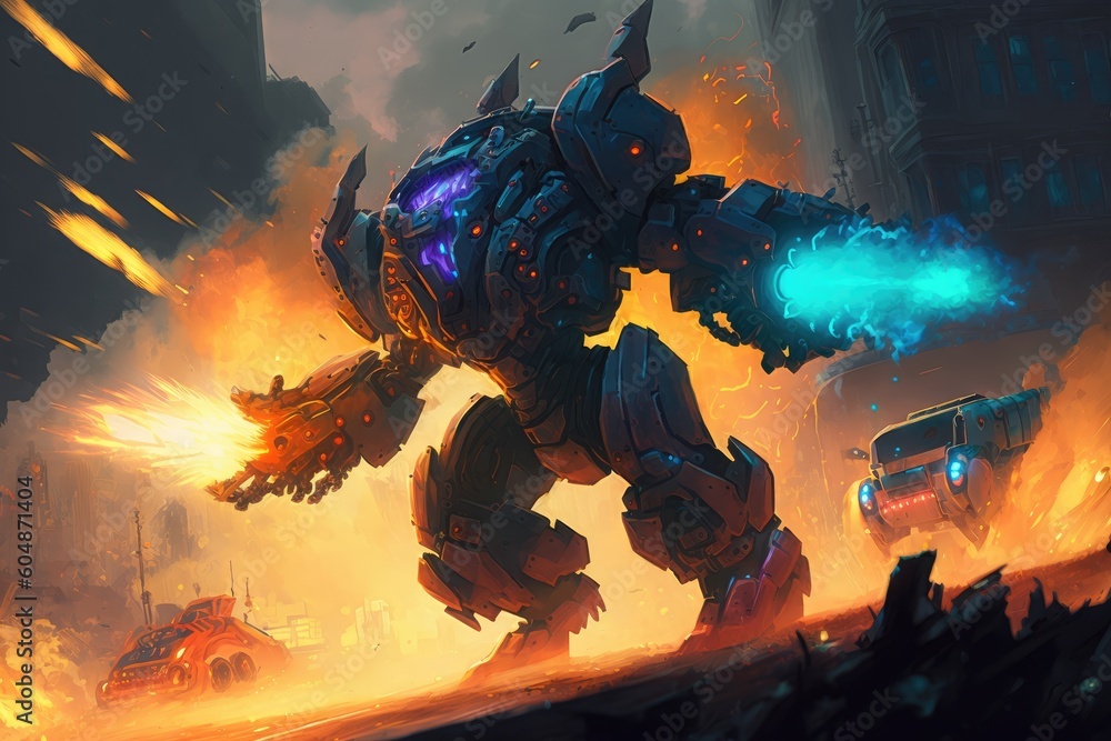 heroic alien blaster, with the city in flames, fighting off invading ...