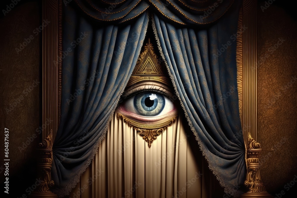 all-seeing eye peeking out from behind the curtain, symbolizing unseen ...