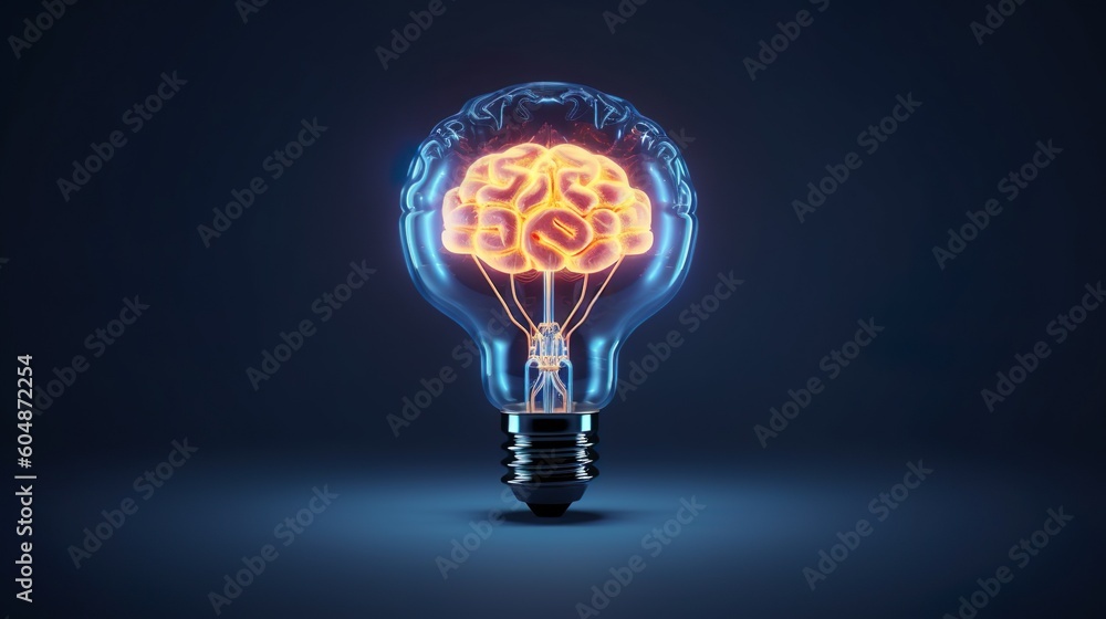 Lamp bulb with human brain inside on dark background. Idea generation ...