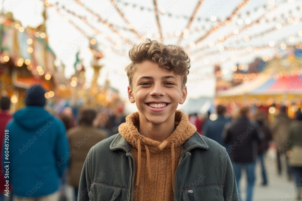 Medium shot portrait photography of a happy mature boy wearing a cozy ...
