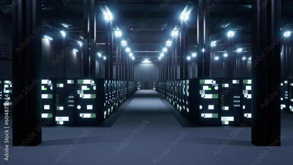 Hall in data center with server racks on both sides, cloud computing ...
