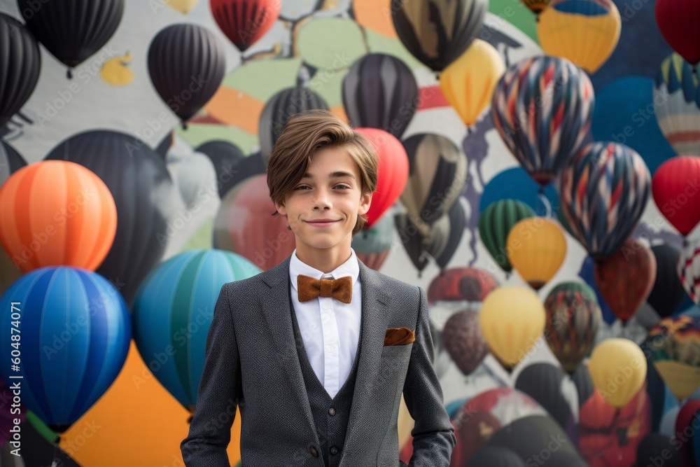 Medium shot portrait photography of a satisfied mature boy wearing a ...