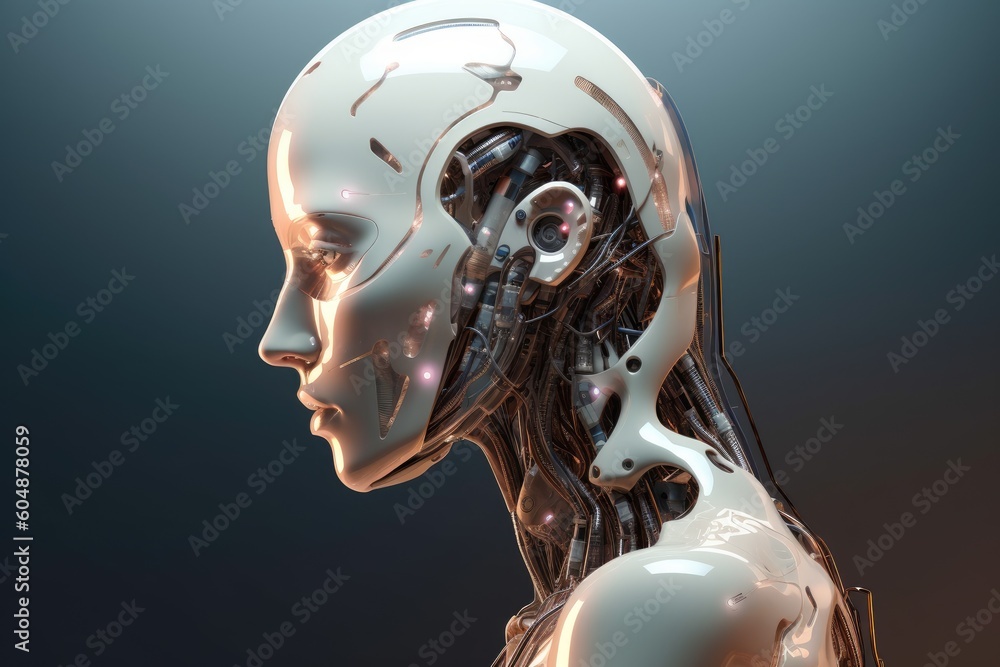 Artwork featuring a female android face, serving as a symbol for the ...