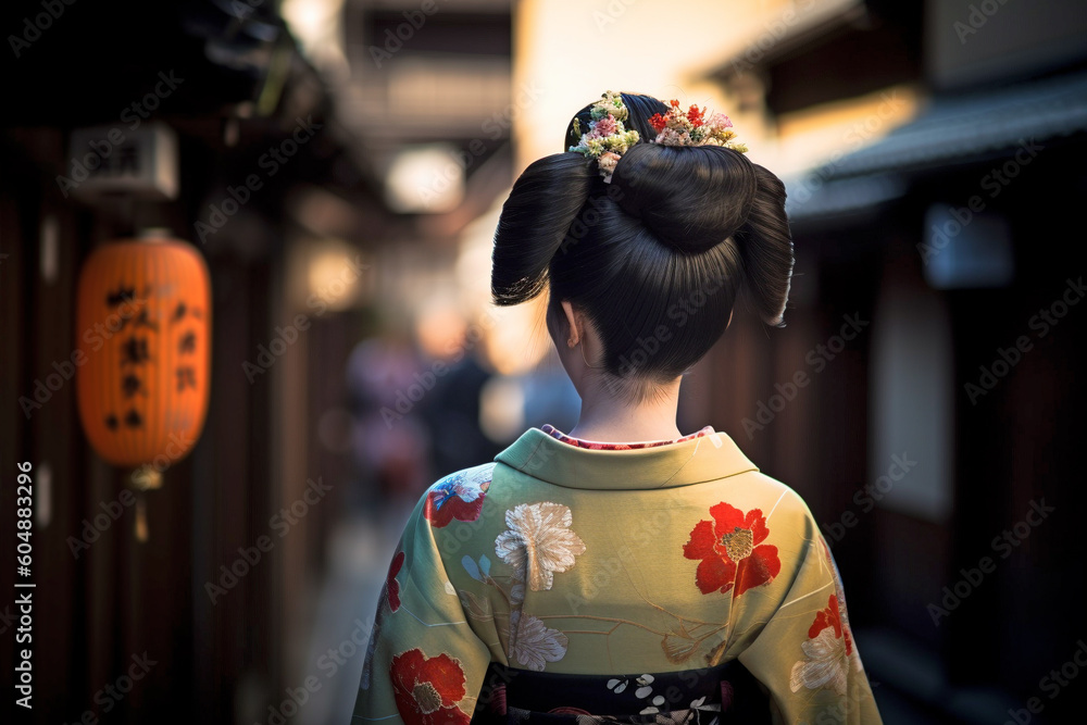 Back view of Asian woman in Kimono and Geiko Shimada hairstyle ...