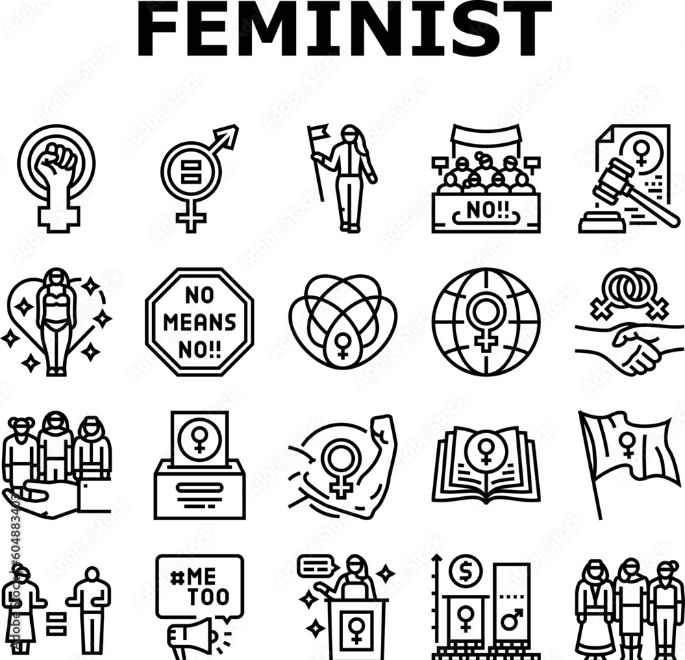 Girl Feminism Female Woman Power Icons Set Vector Feminist Movement