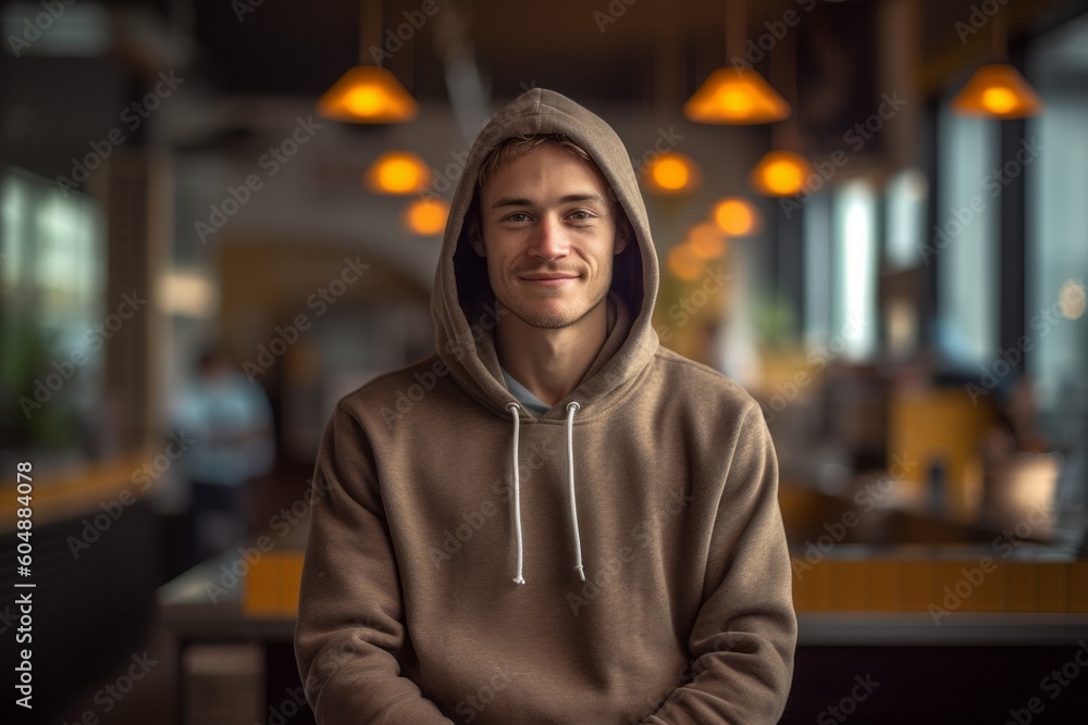 Environmental portrait photography of a glad boy in his 30s wearing a ...