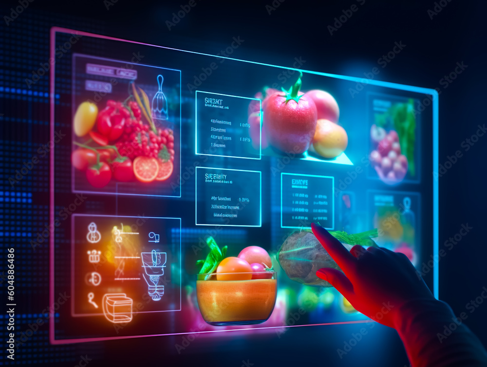 Food menu with panel interface hologram assistant.healthy eating ...