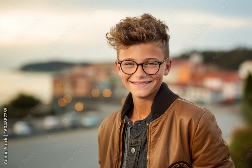 Medium shot portrait photography of a grinning kid male wearing a sleek ...