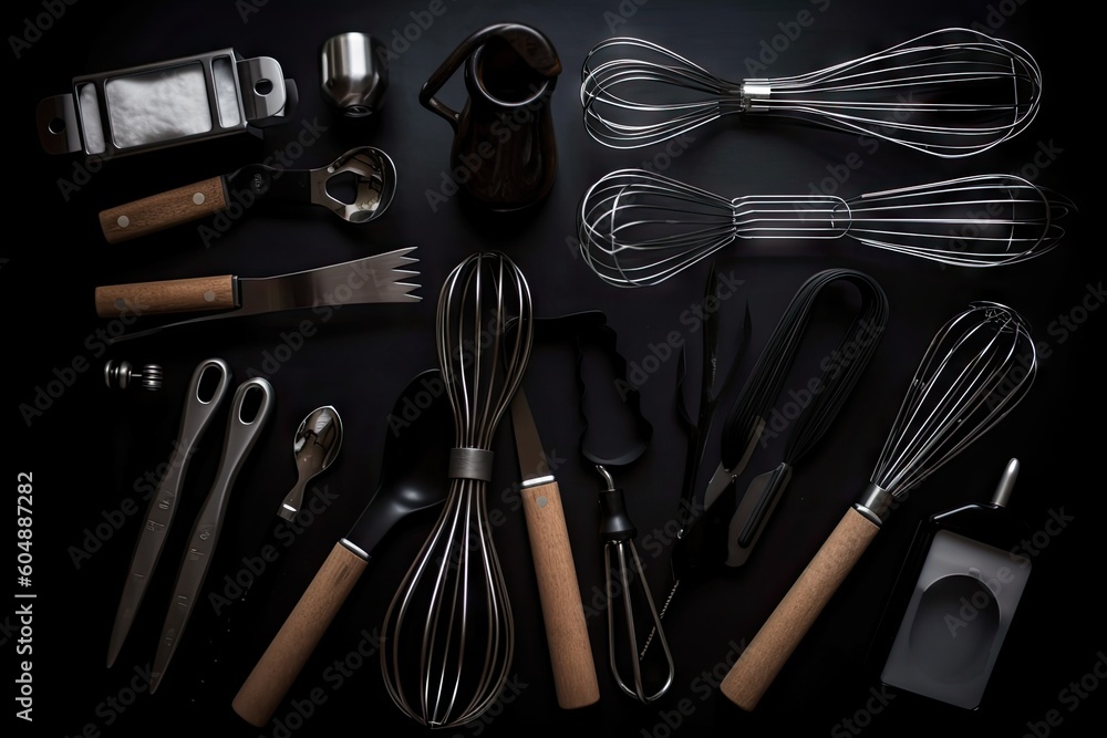 baking tools and equipment on a black background for an elegant and ...