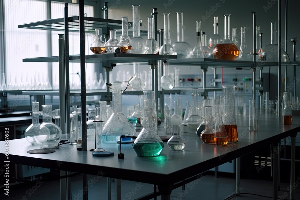 chemical laboratory, with specialized equipment and glassware for ...