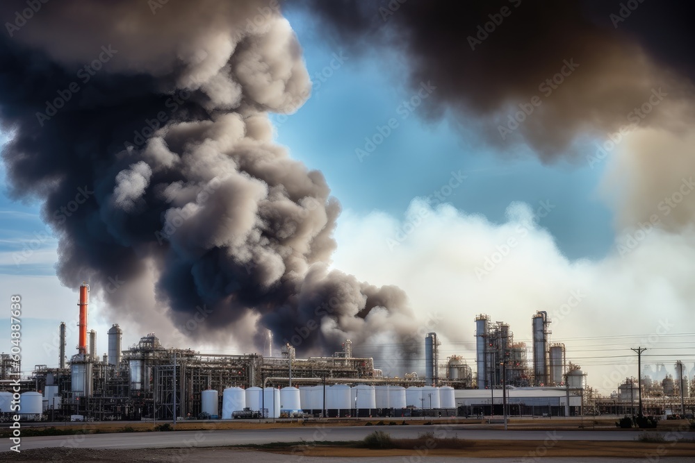 chemical plant, with smoke and fire billowing from the stacks, during ...